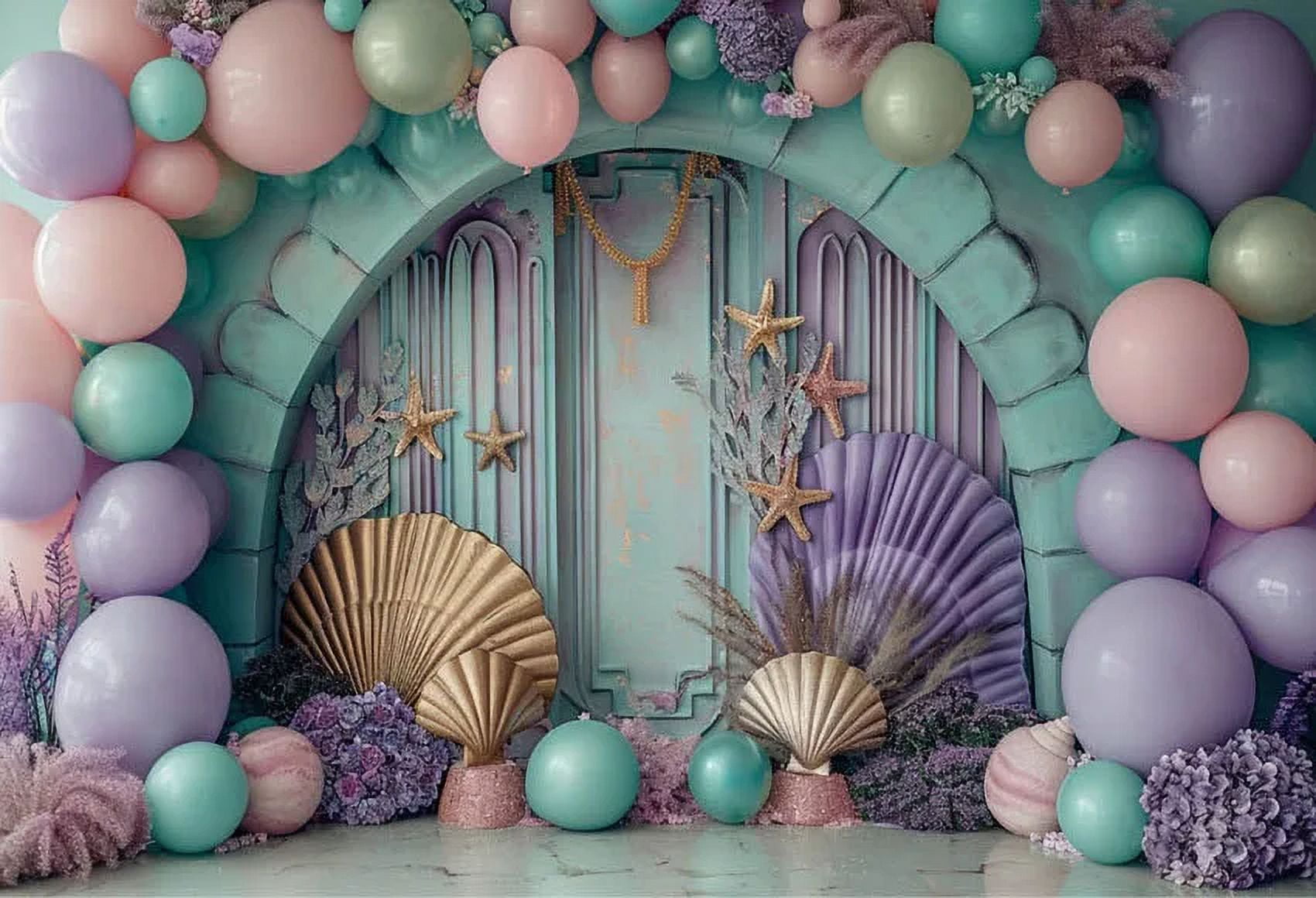 Mermaid Arch Balloons Shells Girl Birthday Party Cake Smash Portrait r ...