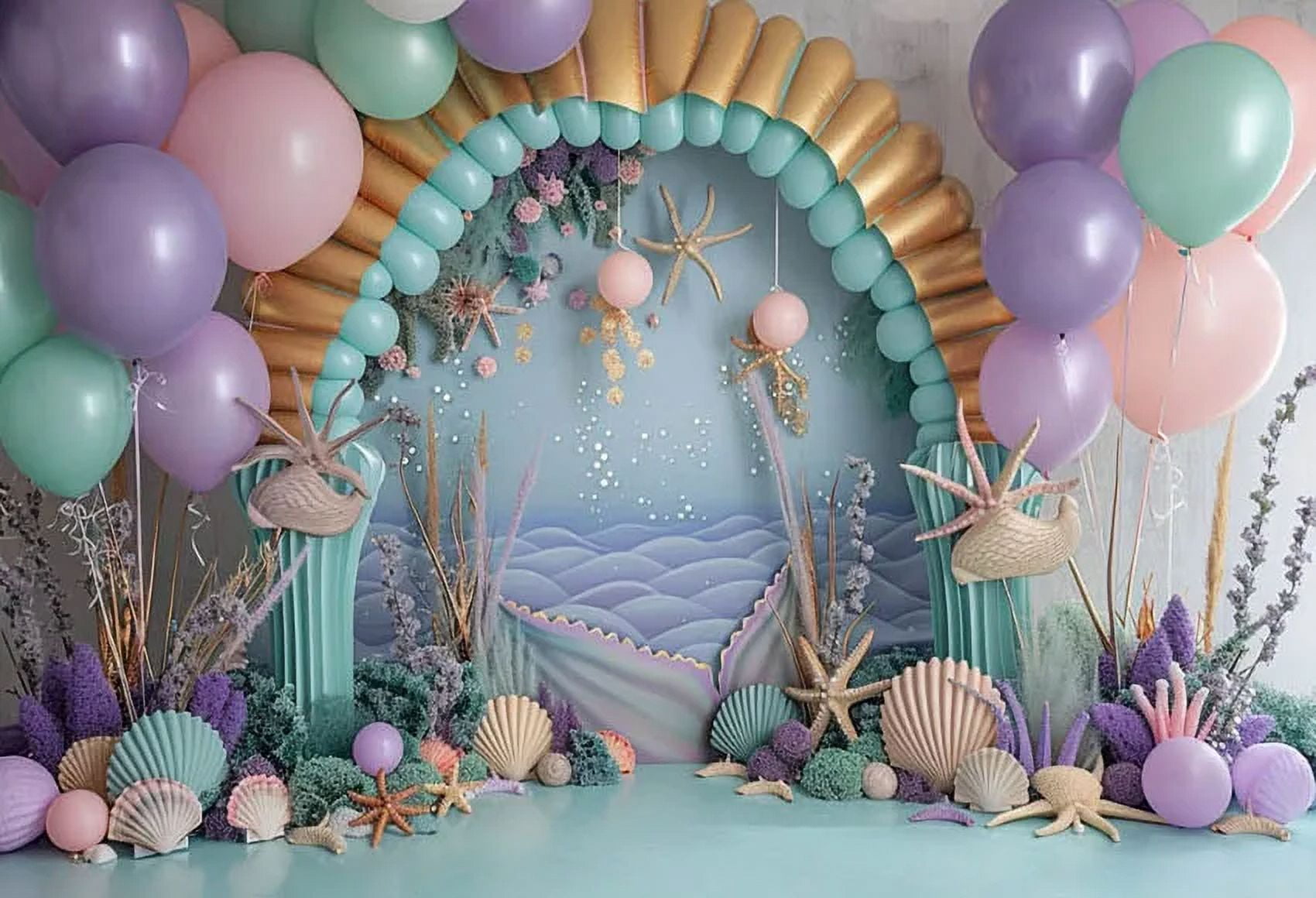 Mermaid Arch Balloons Shells Girl Birthday Party Cake Smash Portrait r ...
