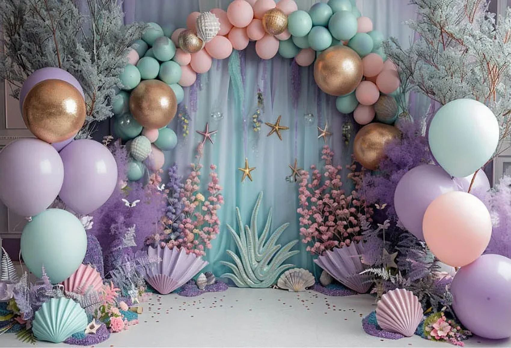 Mermaid Arch Balloons Shells Girl Birthday Party Cake Smash Portrait r ...