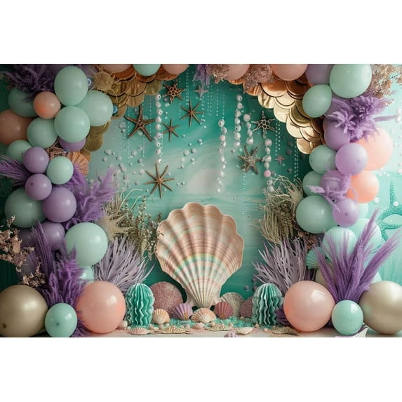 Mermaid Arch Balloons Shells Girl Birthday Party Cake Smash Portrait r ...