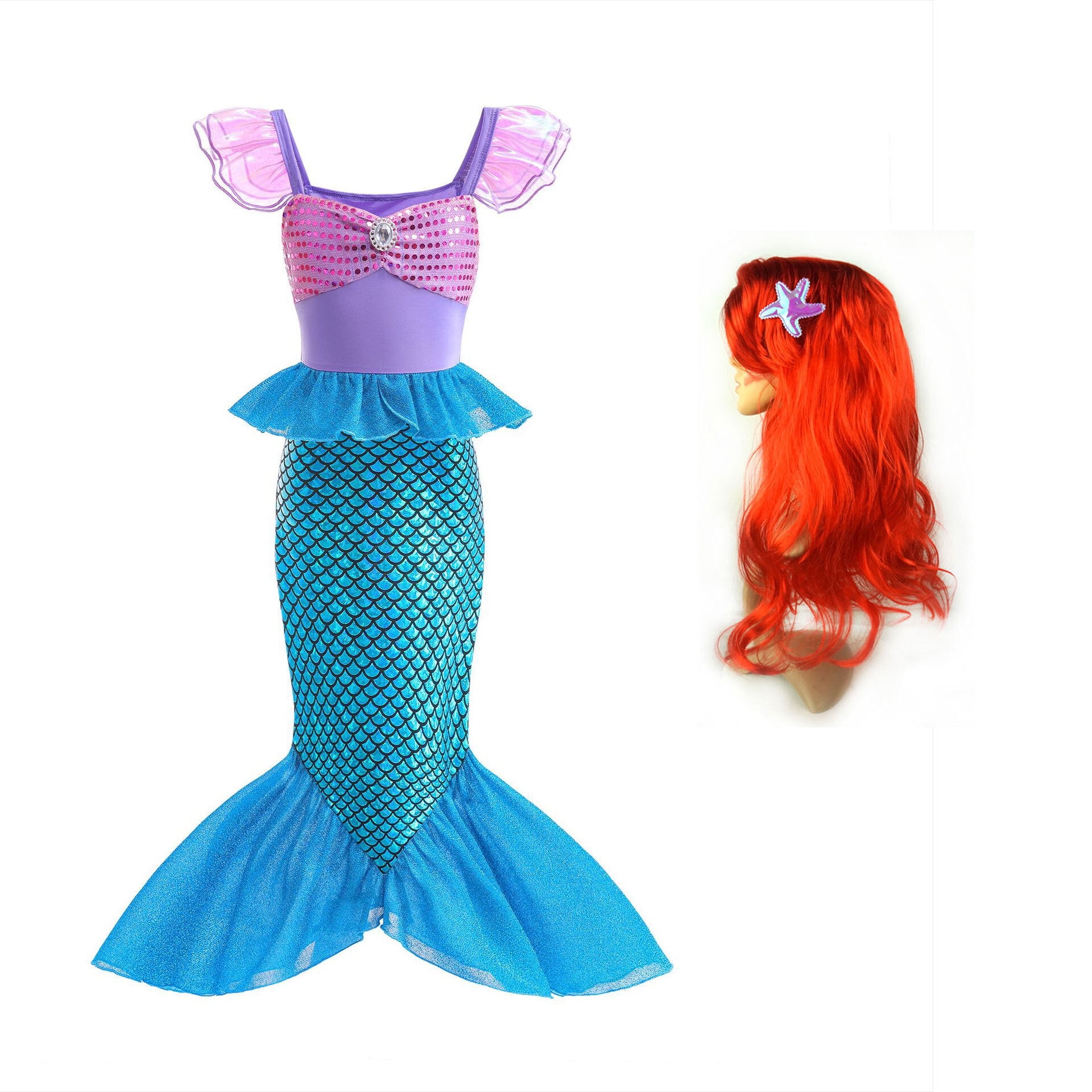 Mermaid Ariel Costume Dress For Girls With Wig Halloween Cosplay