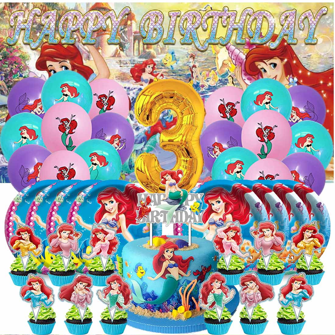 Mermaid Ariel Princess Balloons Party Supplies 3rd Decor Tableware ...