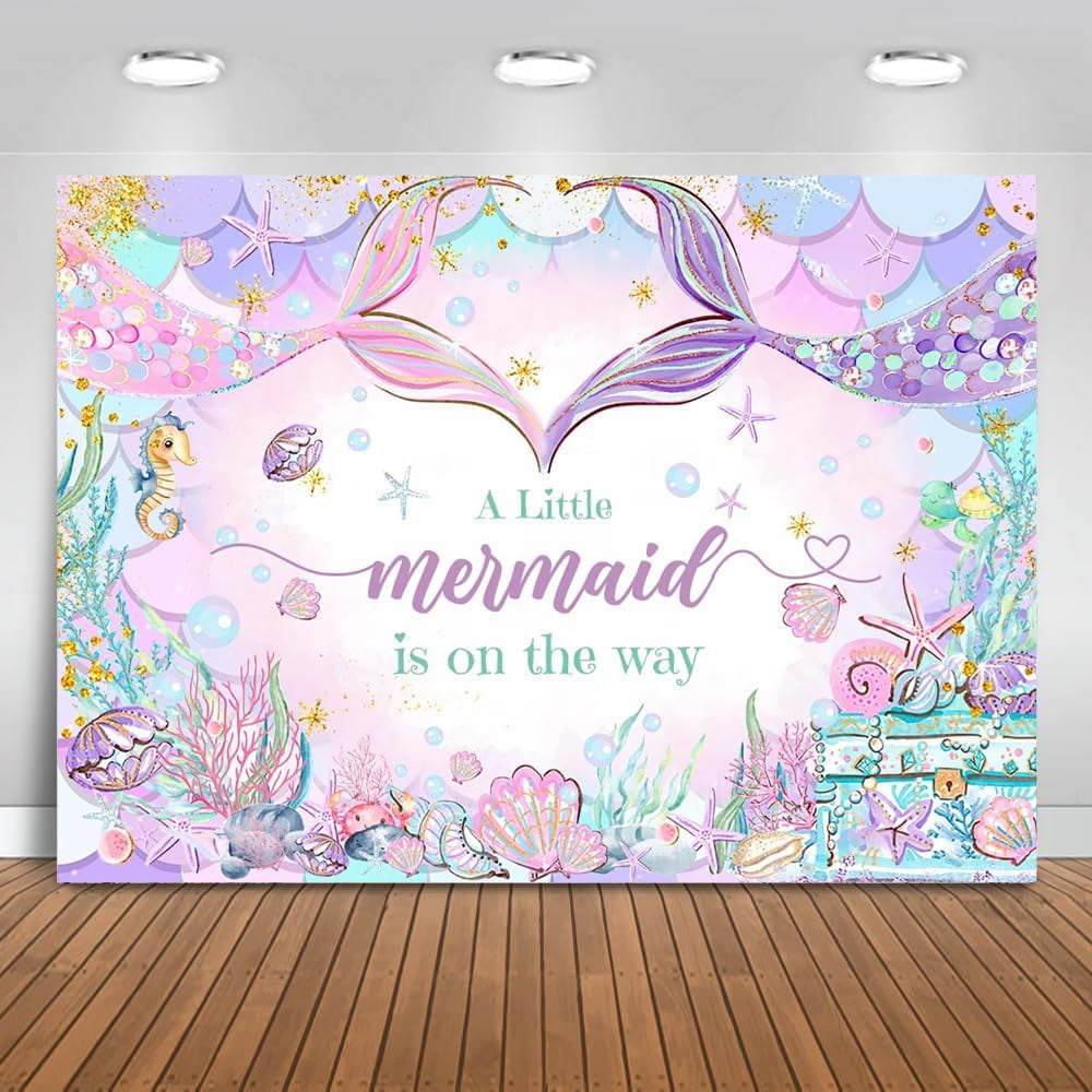 Mermaid Baby Shower Backdrop A Little Mermaid is on The Way Background ...