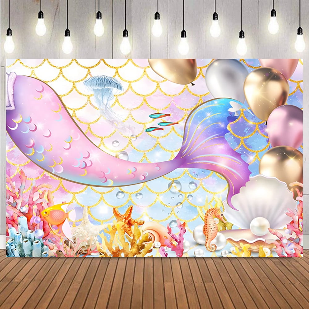 Mermaid Baby Shower Backdrop for Photography Underwater Castle Glitter ...