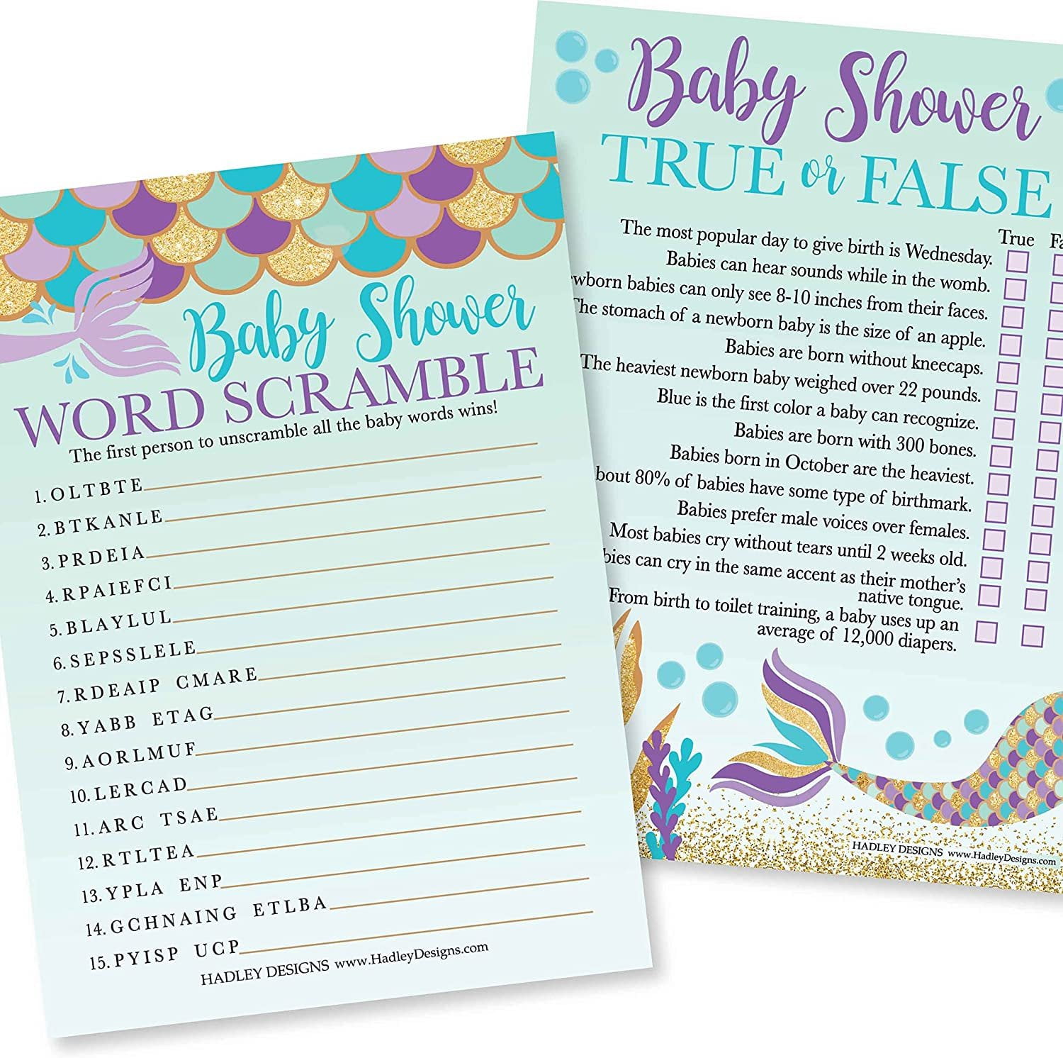 Mermaid Baby Shower Games For Girls - 2 Games Double Sided, 25 Baby ...