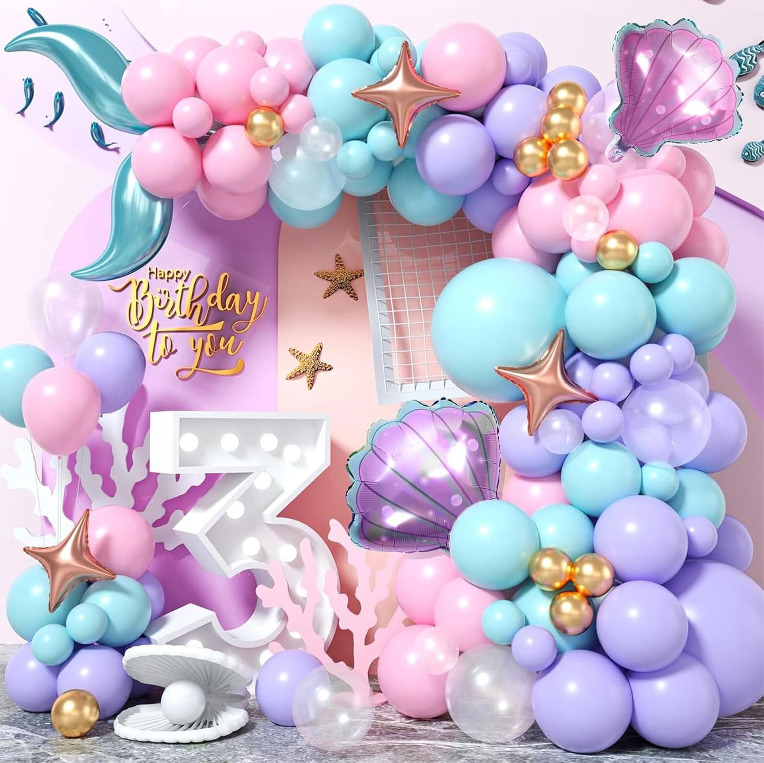 Mermaid Balloon Arch Kit - Pastel Pink, Purple, Teal, Blue, Gold Latex ...