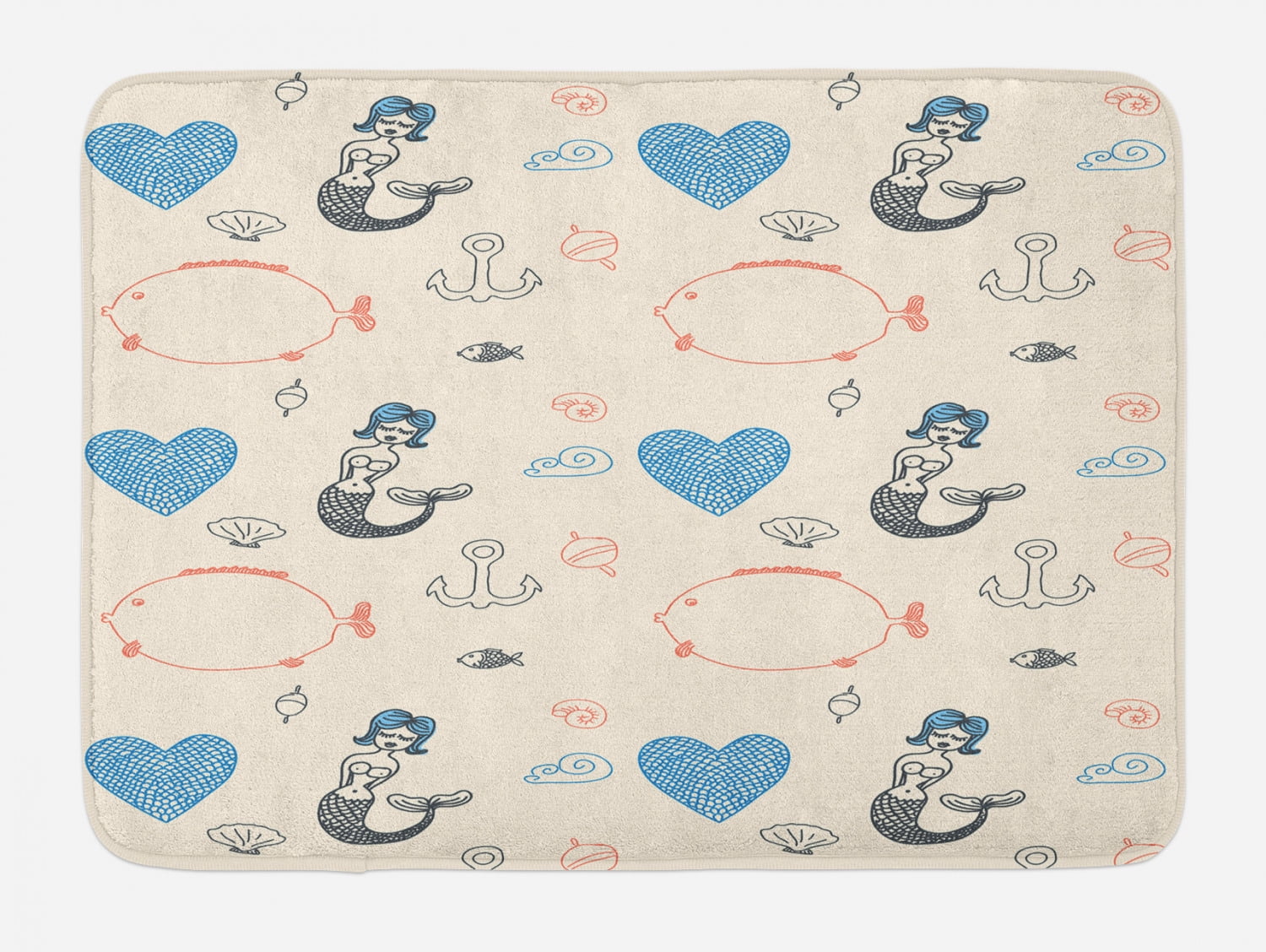 Mermaid Bath Mat, Balloon Fish Hearts Pattern Sea Oceanic Objects Sketch Art Kids Theme, Non ...
