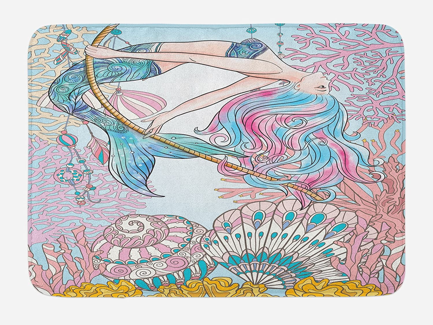 Mermaid Bath Mat, Cartoon Mermaid in Sea Sirens of Greek Myth Female ...