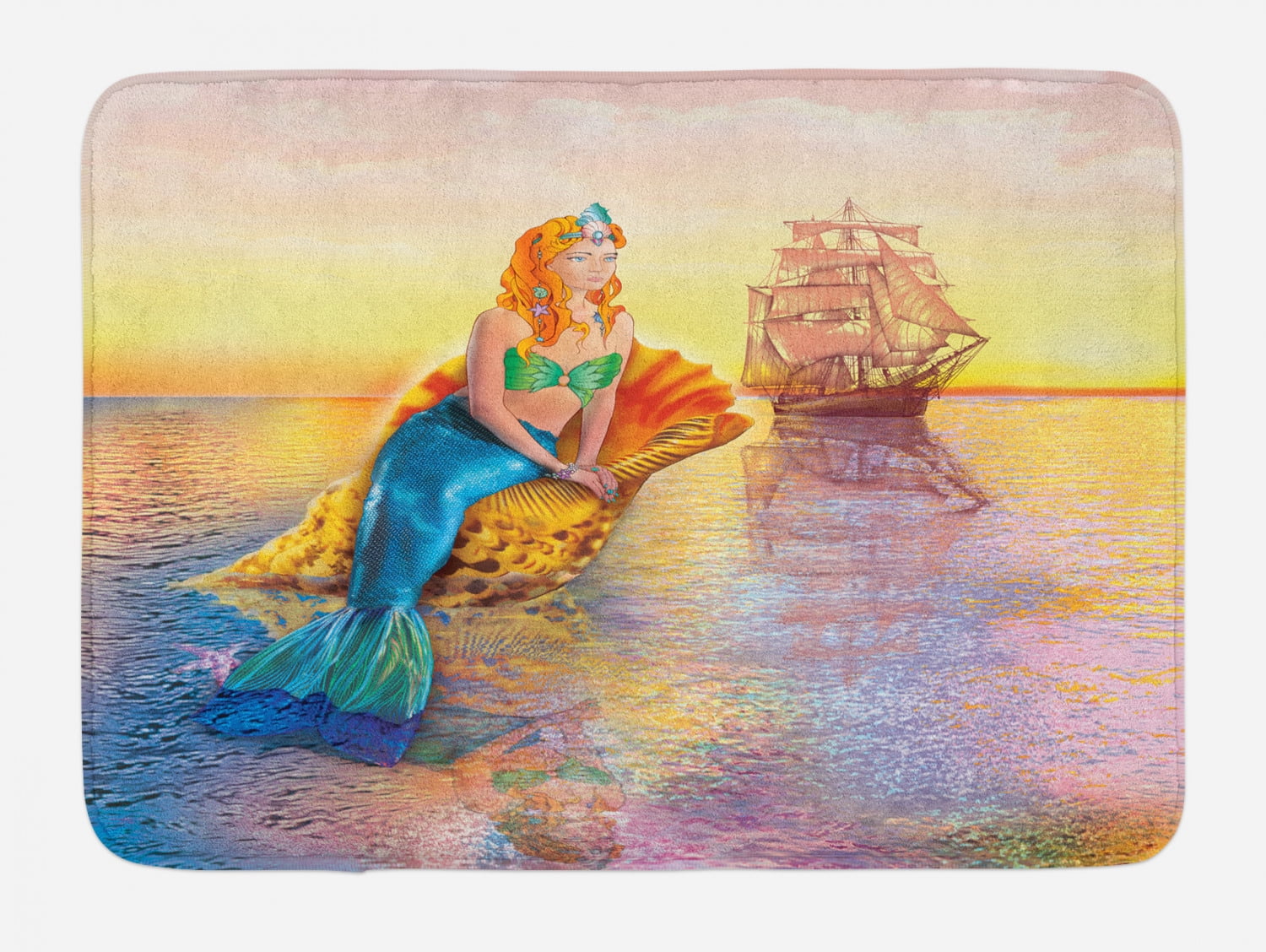 Mermaid Bath Mat, Mythical Figure Sitting on a Giant Seashell in the ...