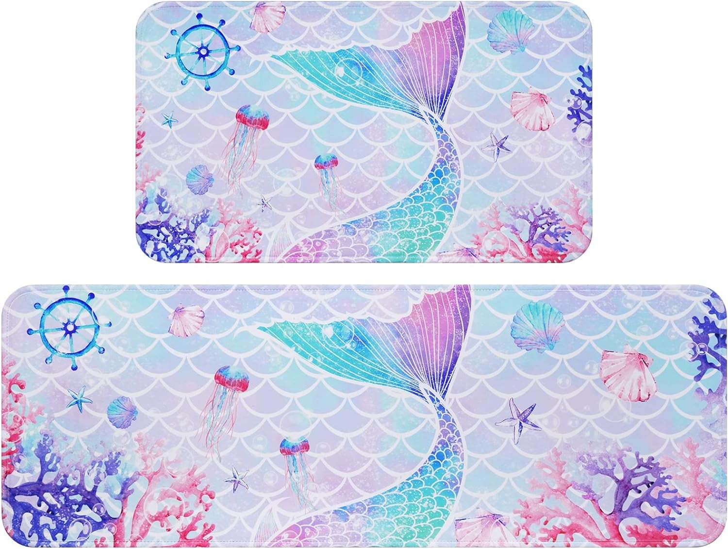 Mermaid Bathroom Rug Sets of 2, Pink and Blue Bath Mat for Girls, Soft ...