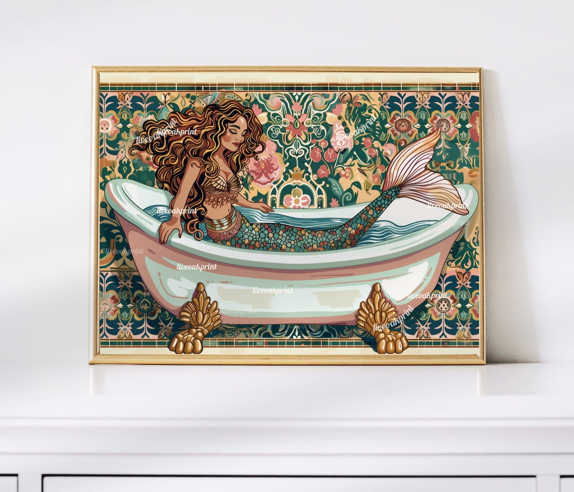 Mermaid In A Bathtub - Maximalist Mermaid - Maximalist Bathroom Art ...