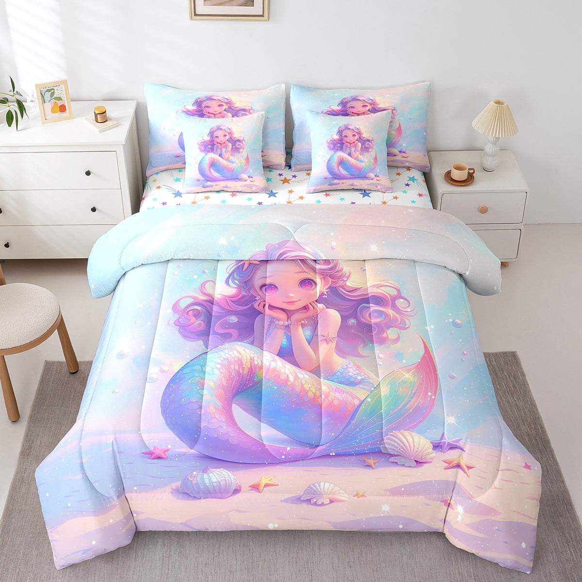 Mermaid Bed in a Bag 7 Piece King Size Princess Room Decor Bedding Sets ...
