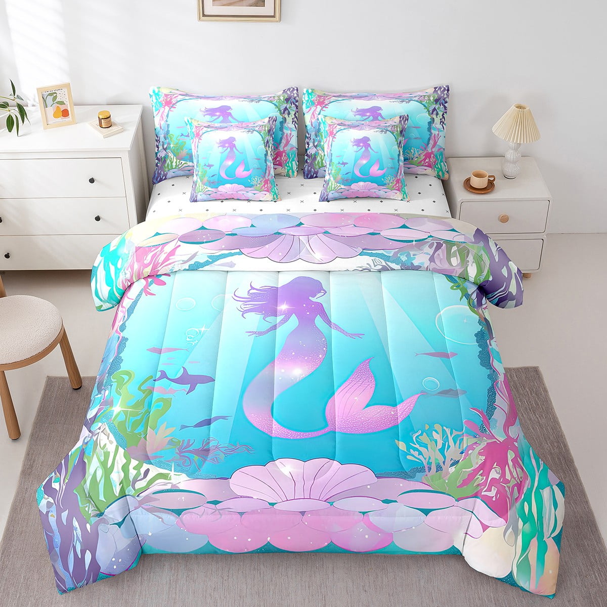 Mermaid Bed in a Bag King Size Comforter Set 7 Pieces,Blue Ocean ...