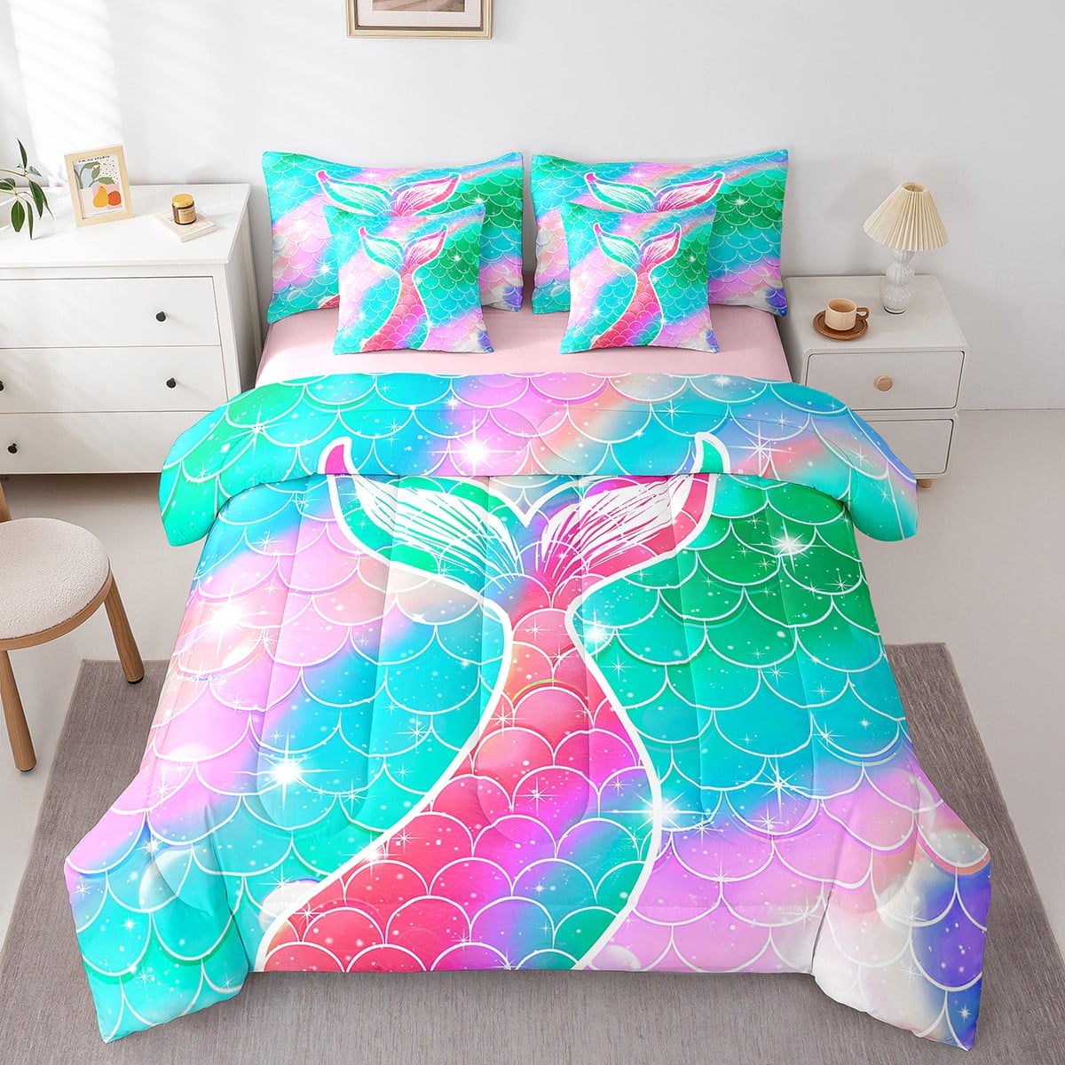 Mermaid Bed in a Bag Queen Comforter Set 7 Piece,Green Pink Ombre ...