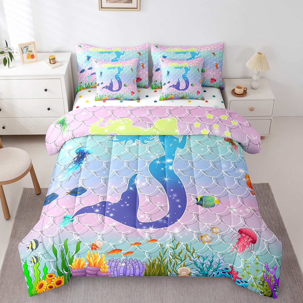 Mermaid Bed in a Bag Queen Comforter Set 7 Piece,Ocean Seahorse ...