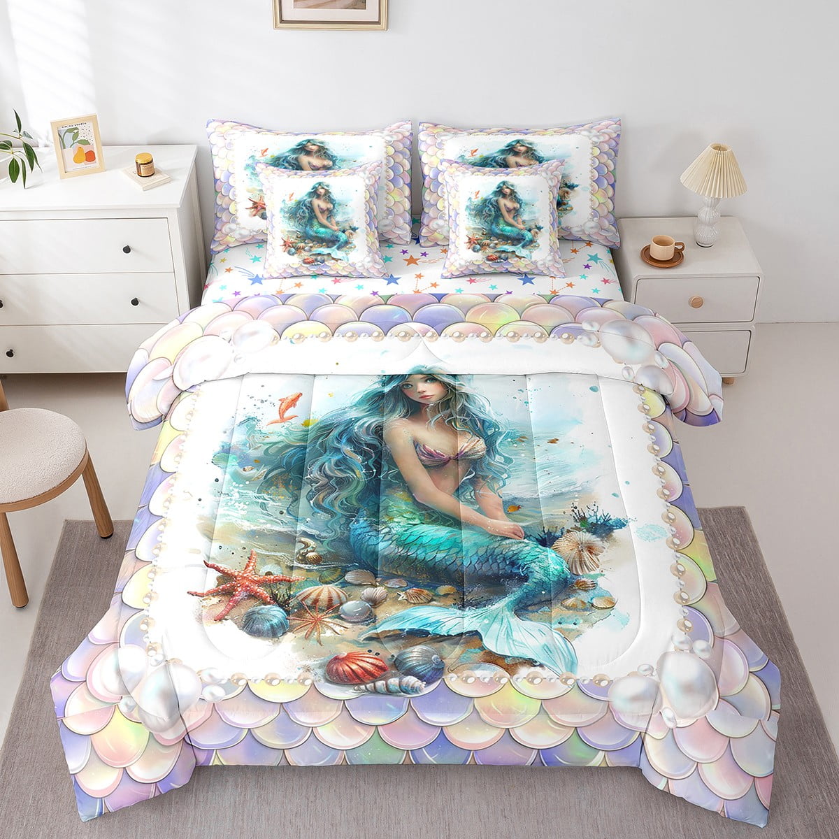 Mermaid Bed In A Bag Twin 7 Pcs Colorful Fish Scales Bedding Set Sea ...