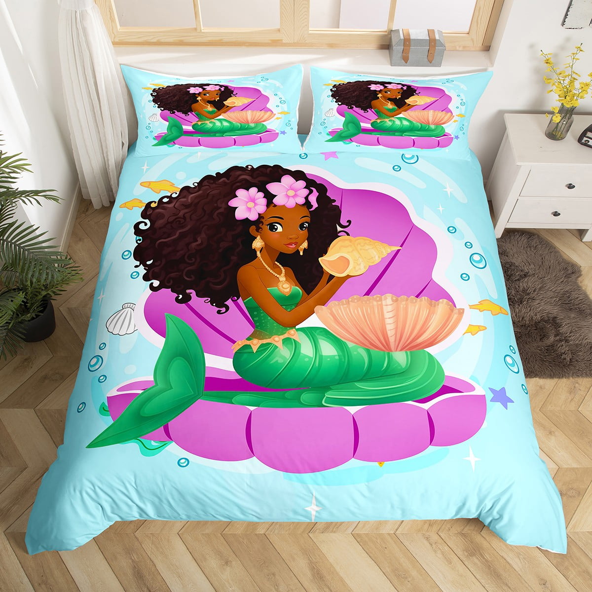 Mermaid Bed Set Princess Duvet Cover, Ocean Conch Seashell Twin Bedding ...