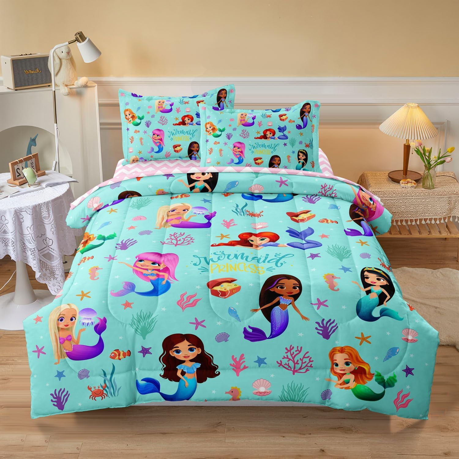 Mermaid Bed Set Twin Size Kids Twin Comforter Set with Sheets for Girls ...