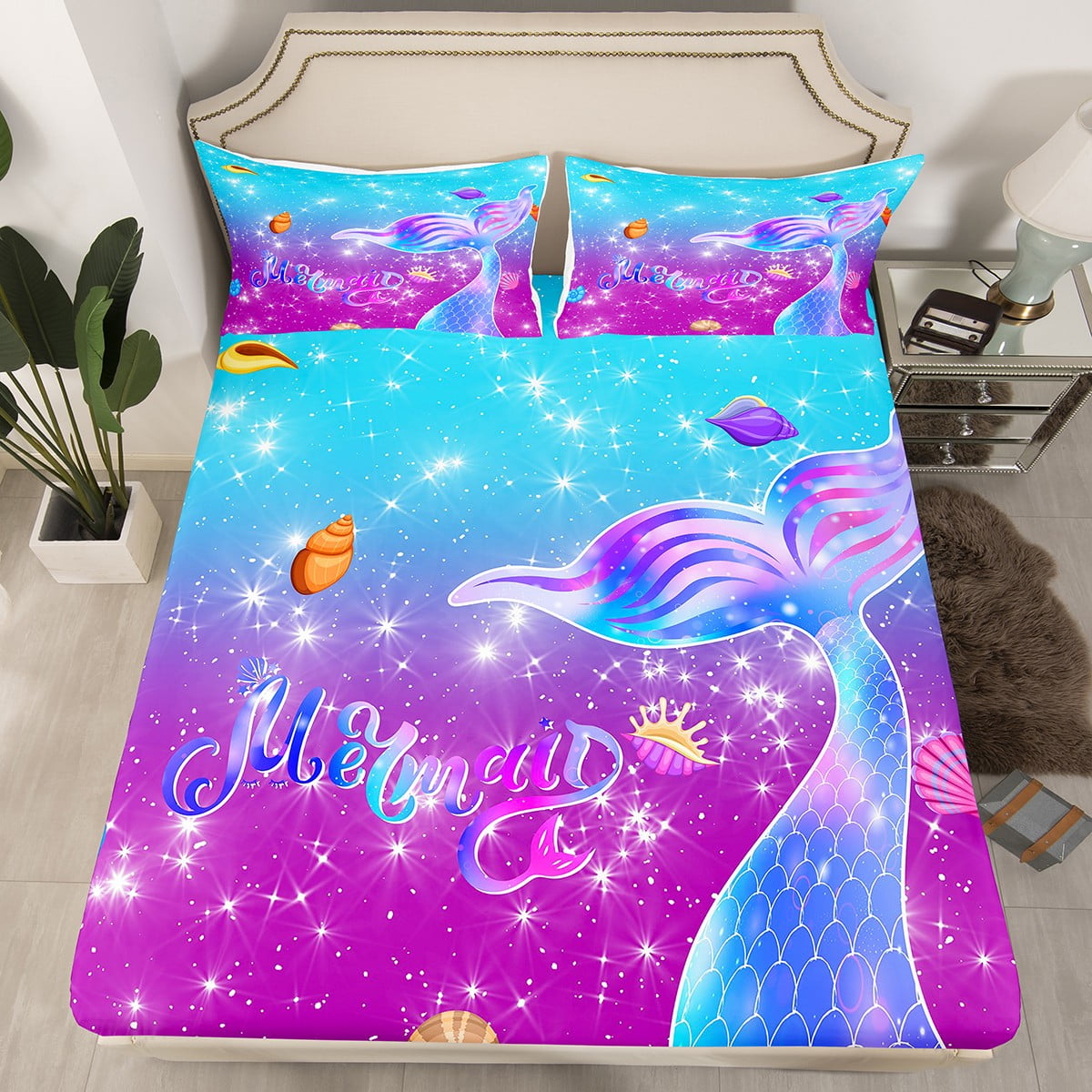 Mermaid Bed Sheets Blue Hot Pink Ombre Fitted Sheet Queen Size, Ocean Animal Bedding Mermaid ...