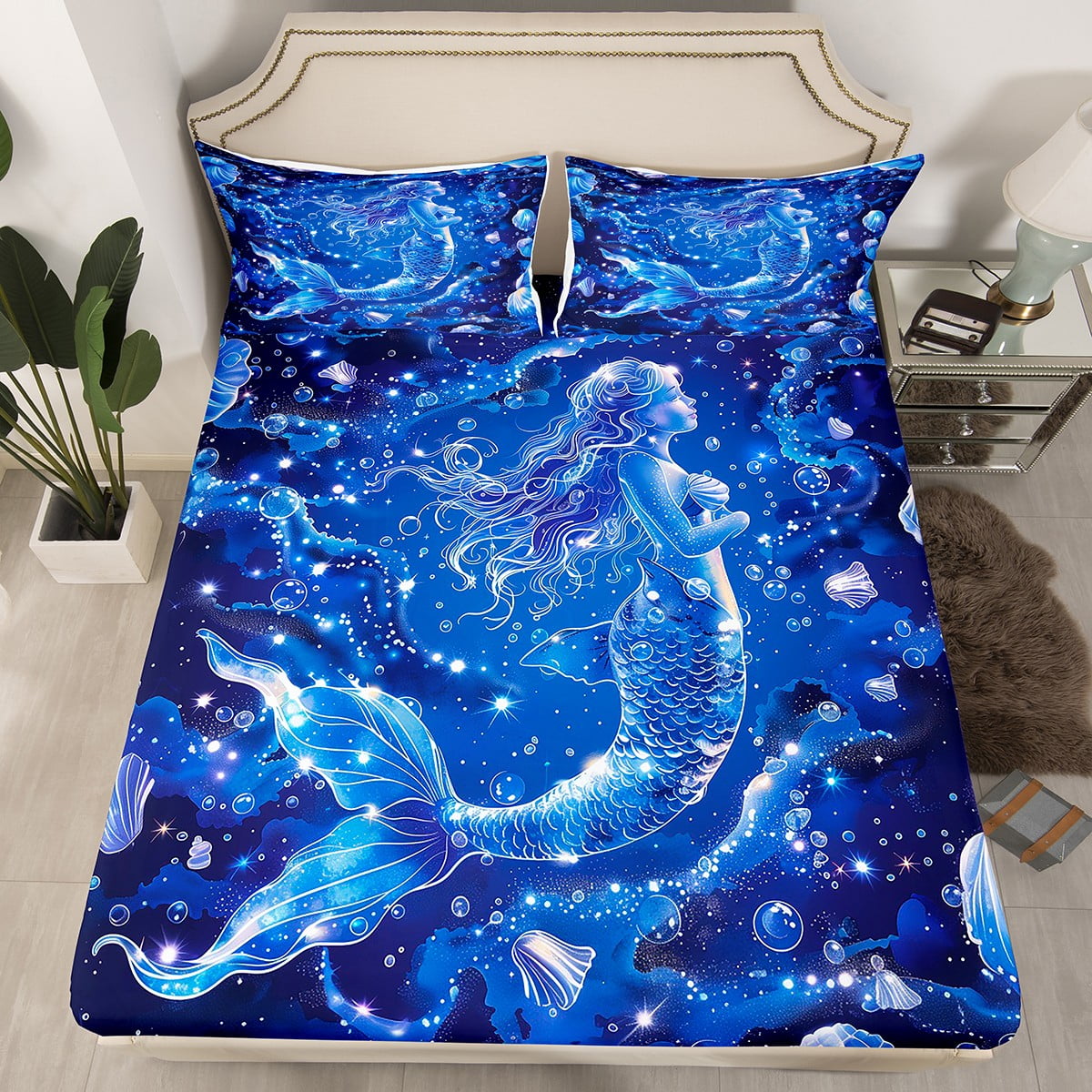 Mermaid Bed Sheets Set Queen,Princess Mermaid Flat Fitted Sheet for ...