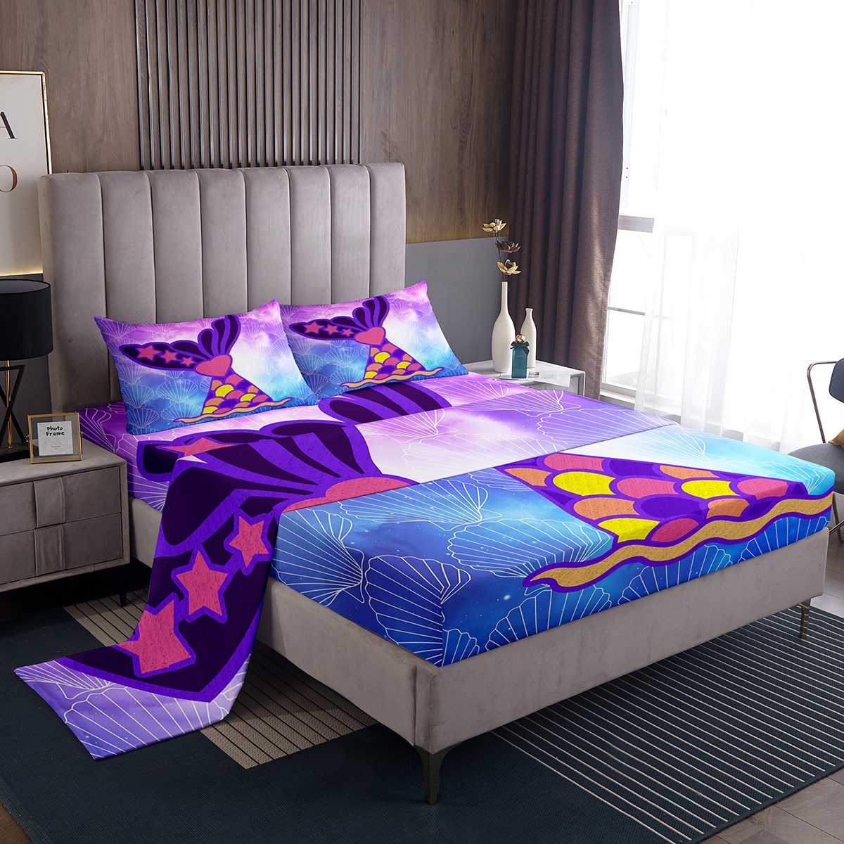 Mermaid Bed Sheets Set Gradient Purple Blue Sheet Set Full,Watercolor ...