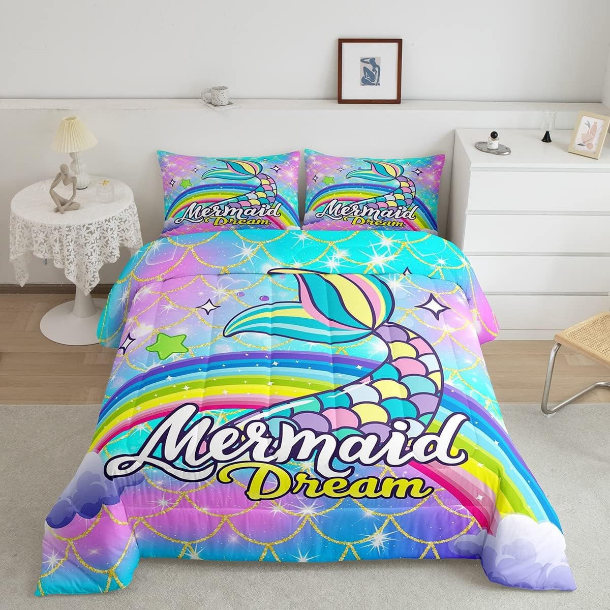 Mermaid Bedding Set, Rainbow Fish Scales Comforter Set Twin Size, Ocean ...