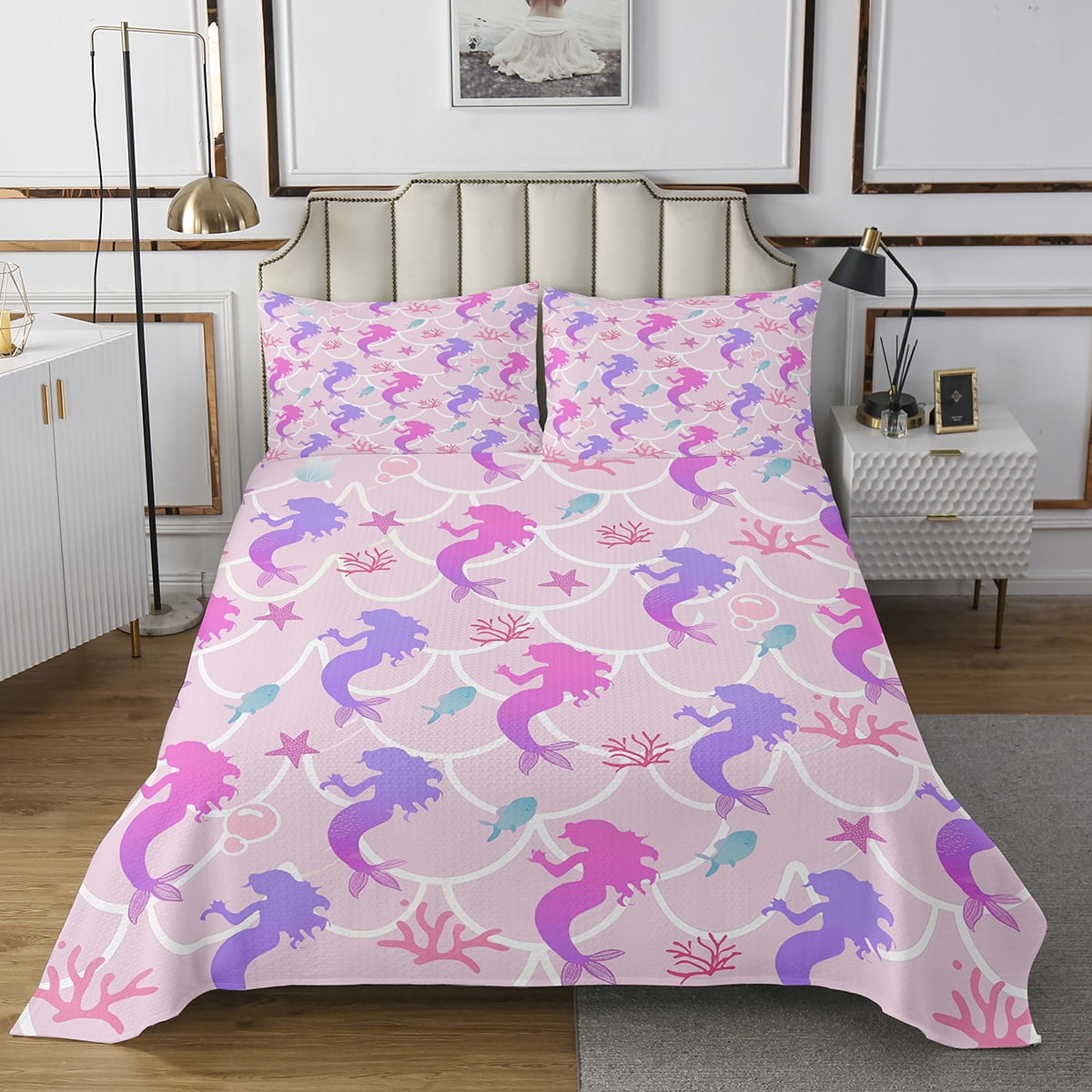 Mermaid Bedspread Princess Room Decor Twin Quilt Set Mermaid Scale ...