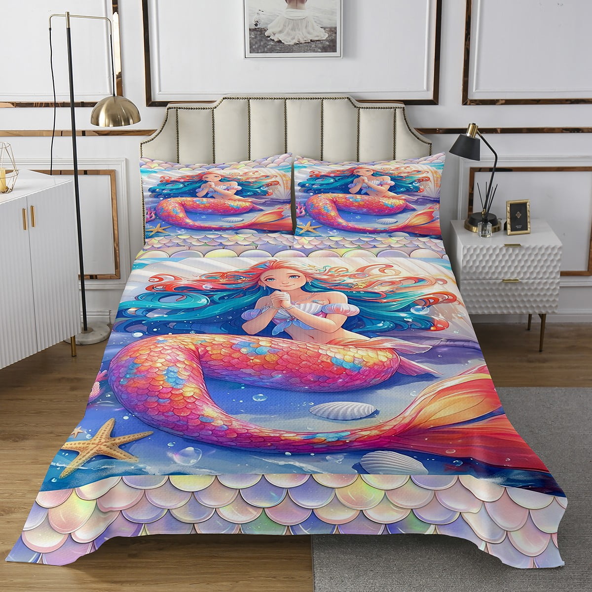 Mermaid Bedspread Queen Quilt Set Mermaid Princess Decor Coverlet Set ...