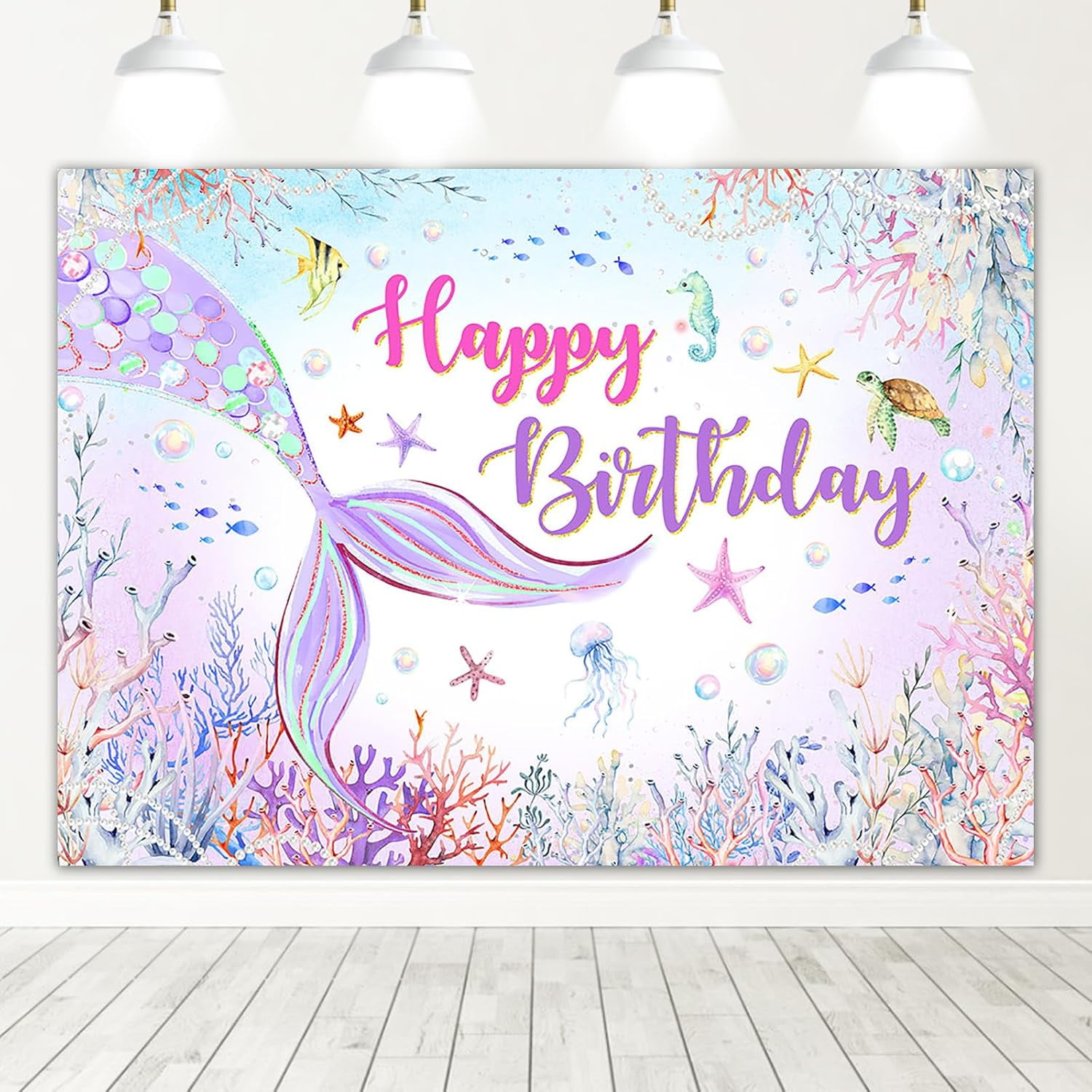 Mermaid Birthday Backdrop Blue Purple Mermaid Happy Birthday Background ...
