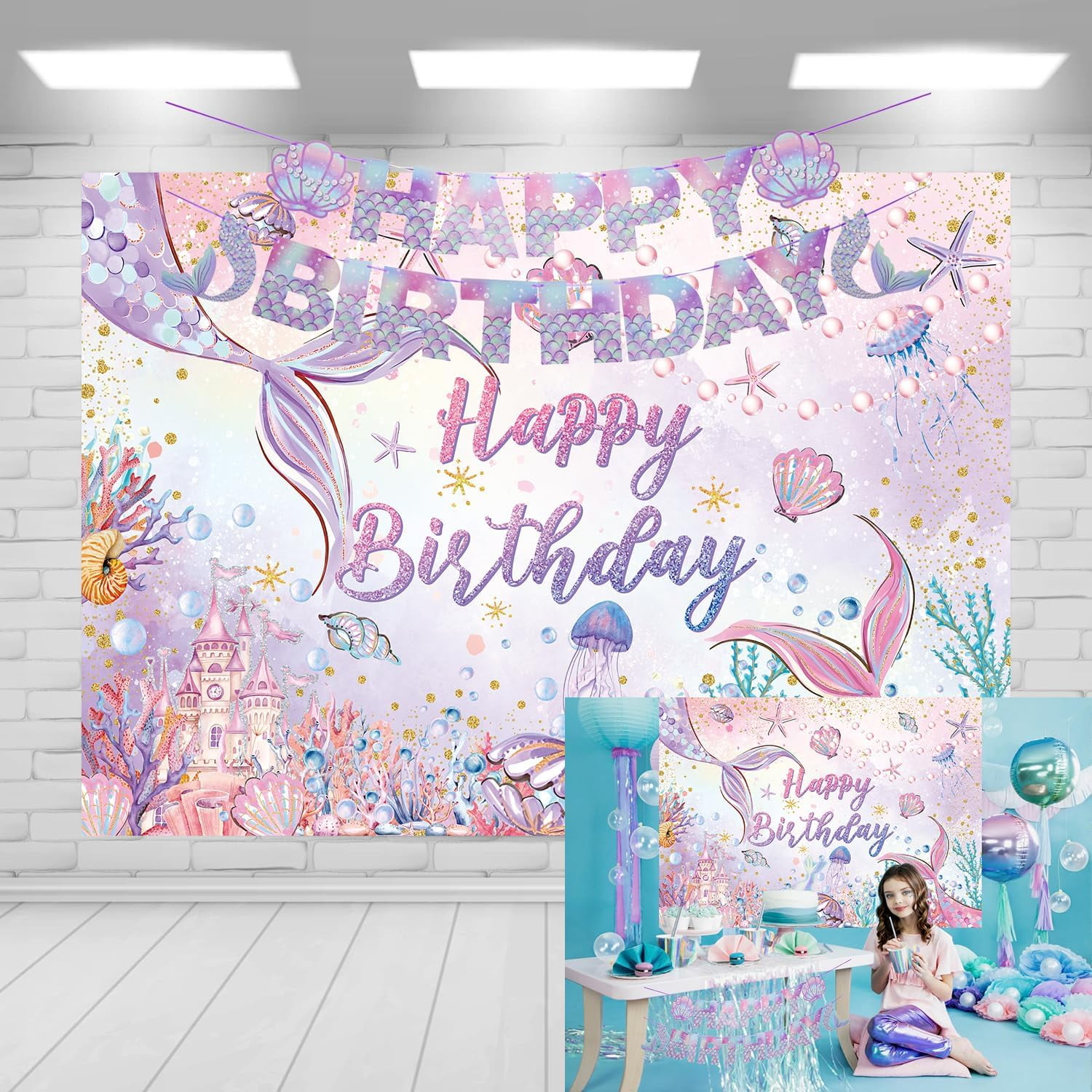 Mermaid Birthday Backdrop and Happy Birthday Banner Under The Sea ...