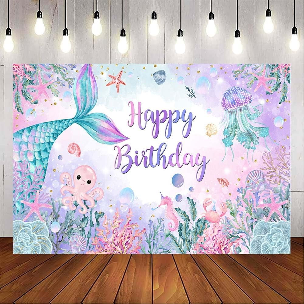 Mermaid Birthday Backdrop Under The Sea Mermaid Happy Birthday Backdrop ...