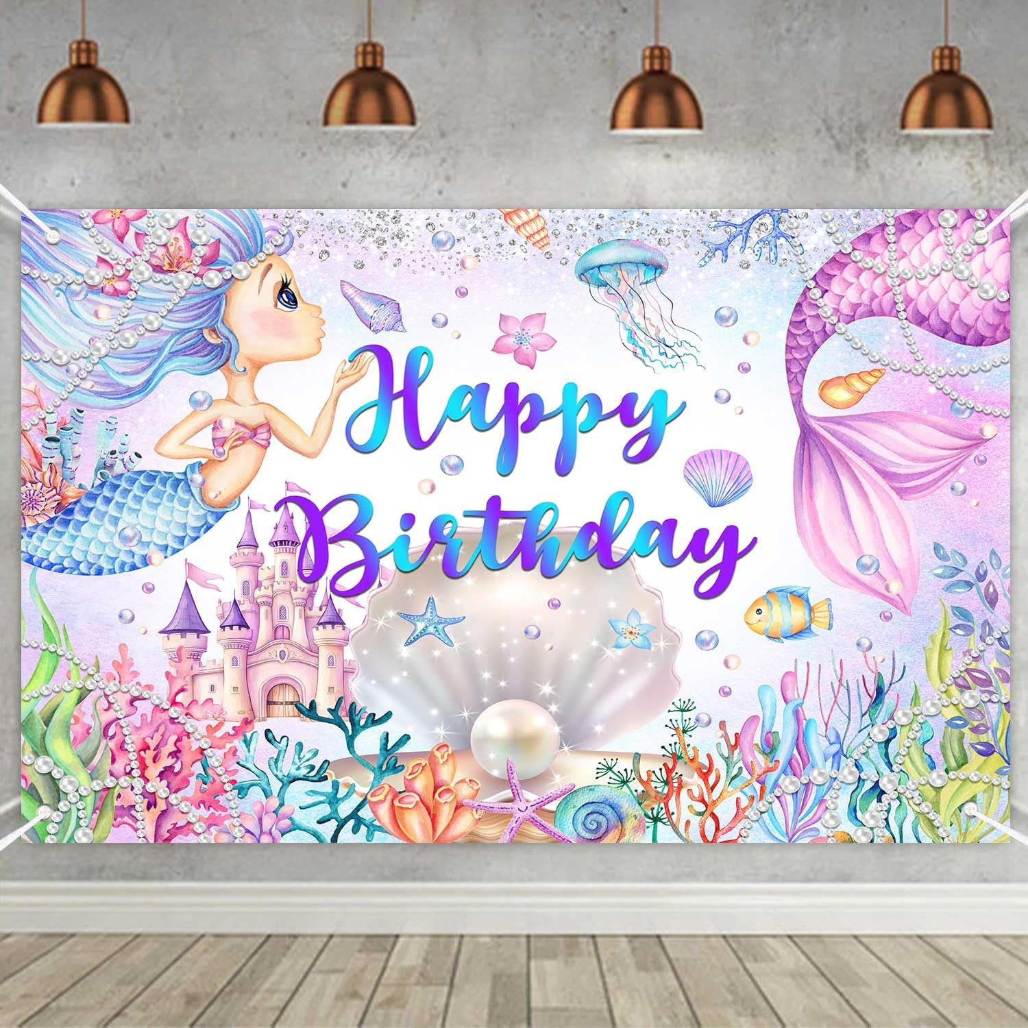 Mermaid Birthday Banner, Mermaid Happy Birthday Party Backdrop Fish ...
