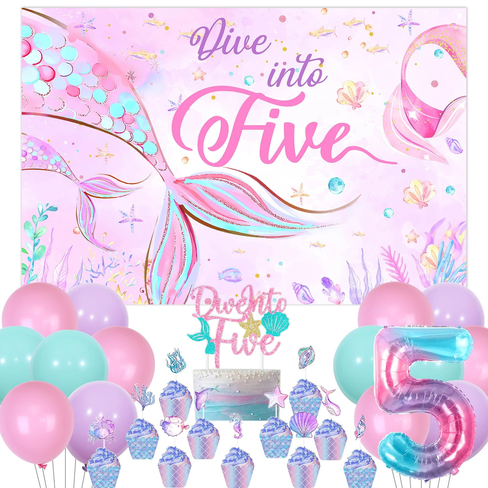 Mermaid Birthday Party Decorations, Dive Into BSL1 Five Ocean Theme 5th ...