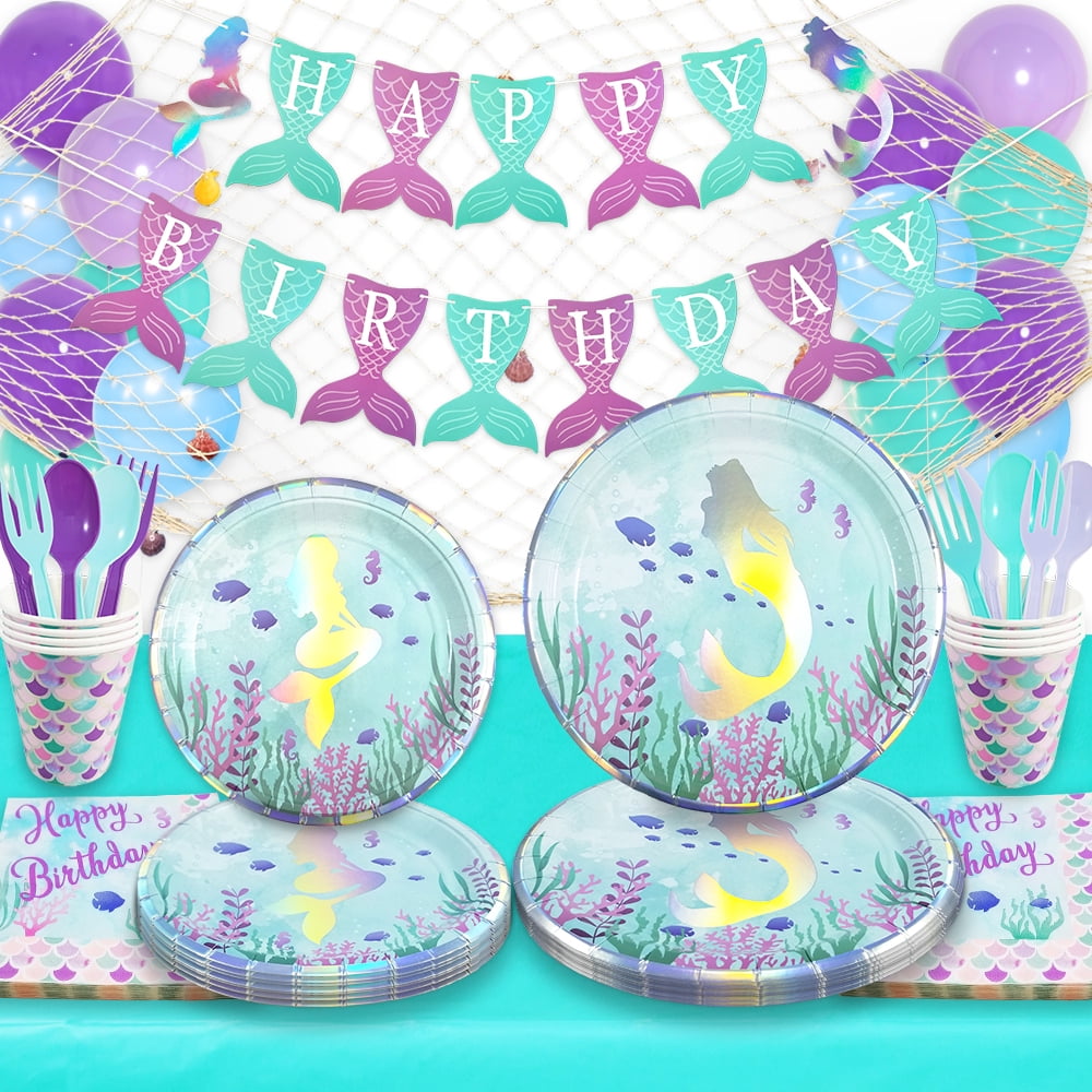 Mermaid Party Decor & Tableware Set | Banner, Plates, Cups, Napkins ...