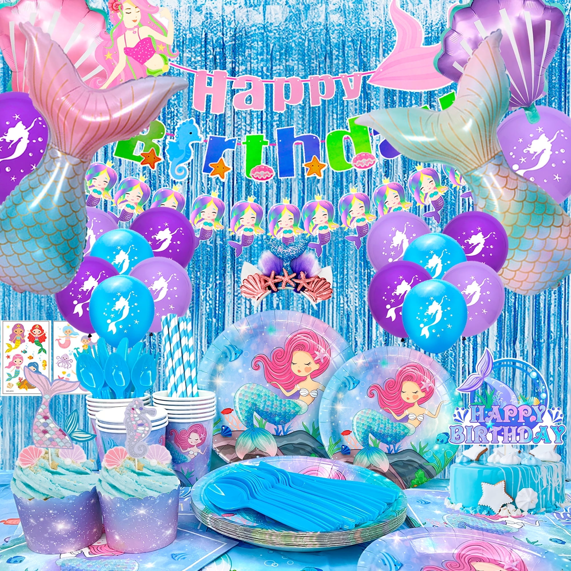 Mermaid Birthday Party Supplies, 202pcs Mermaid Birthday Decorations ...