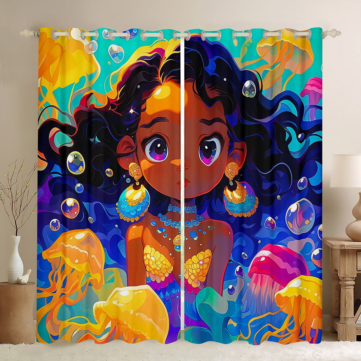 Mermaid Black Blackout Curtains Afro Curtains for Living Room 2 Panels ...