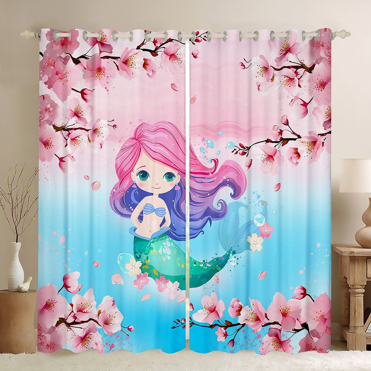 Mermaid Blackout Curtains Nautical Sea Animal Curtains 2 Panels 42"Wx63 ...