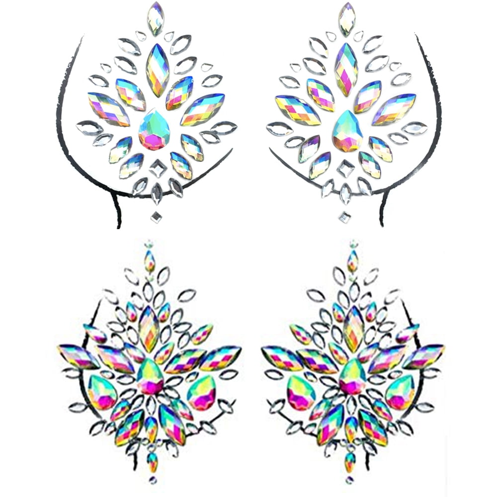 Mermaid Breast Gems Stick on, 2-Pack Rainbow Crystals Body Jewes ...