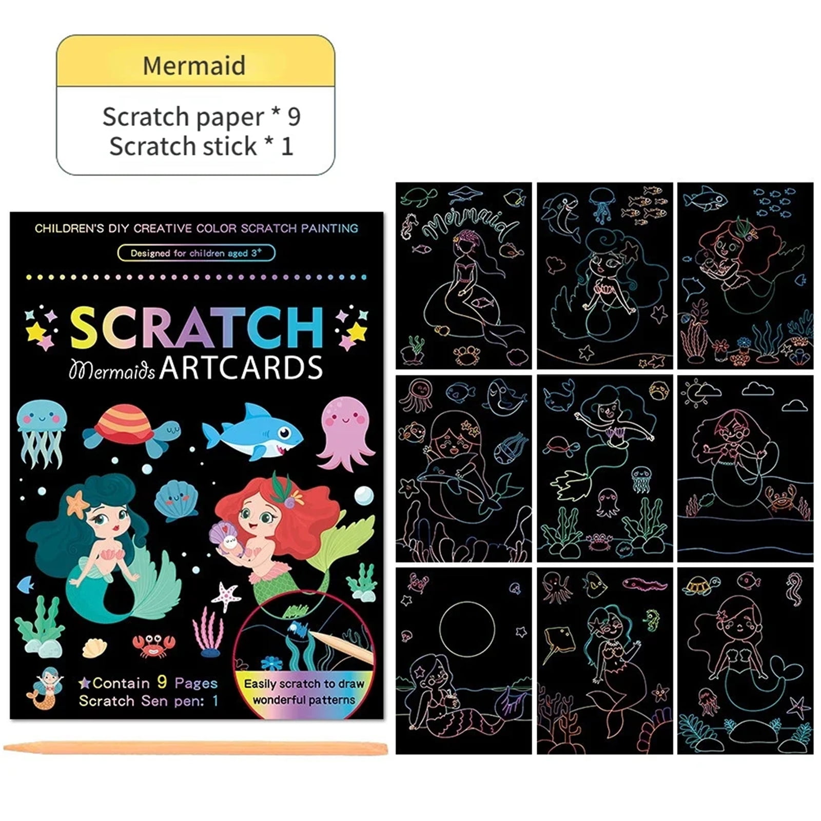 Mermaid Children's Art Supplies Scratch Art Cards with 9 Scratch Papers ...
