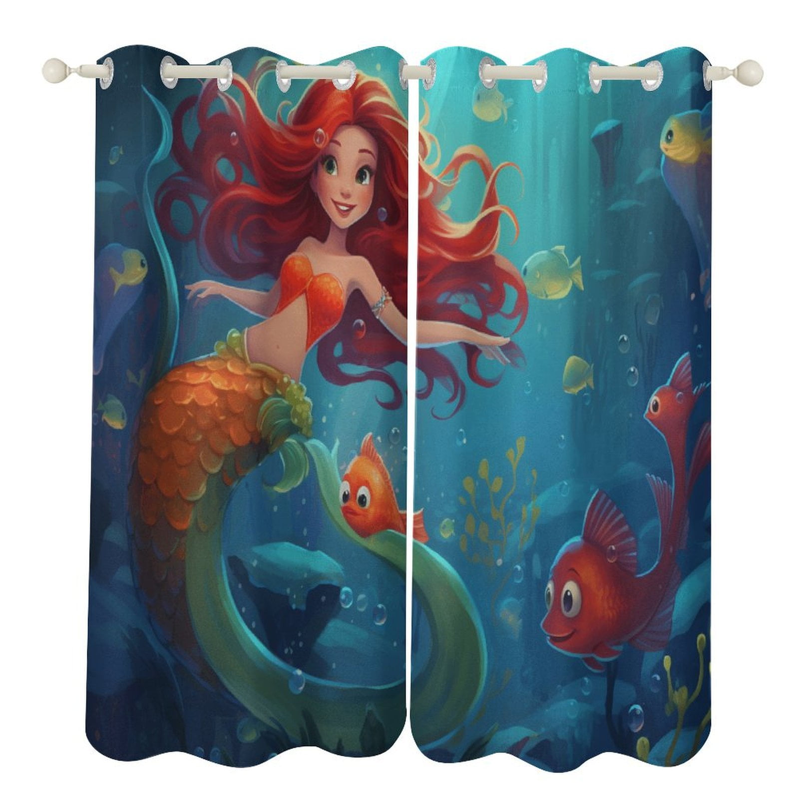 Mermaid Colorful Ocean World 2 Panel Curtain Set, Watercolor Painting ...