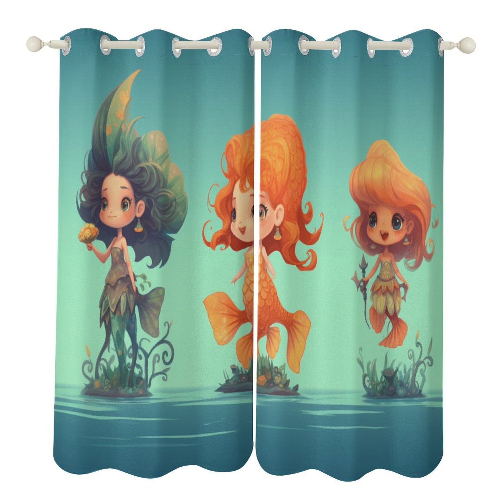 Mermaid Colorful Ocean World 2 Panel Curtain Set, Watercolor Painting ...