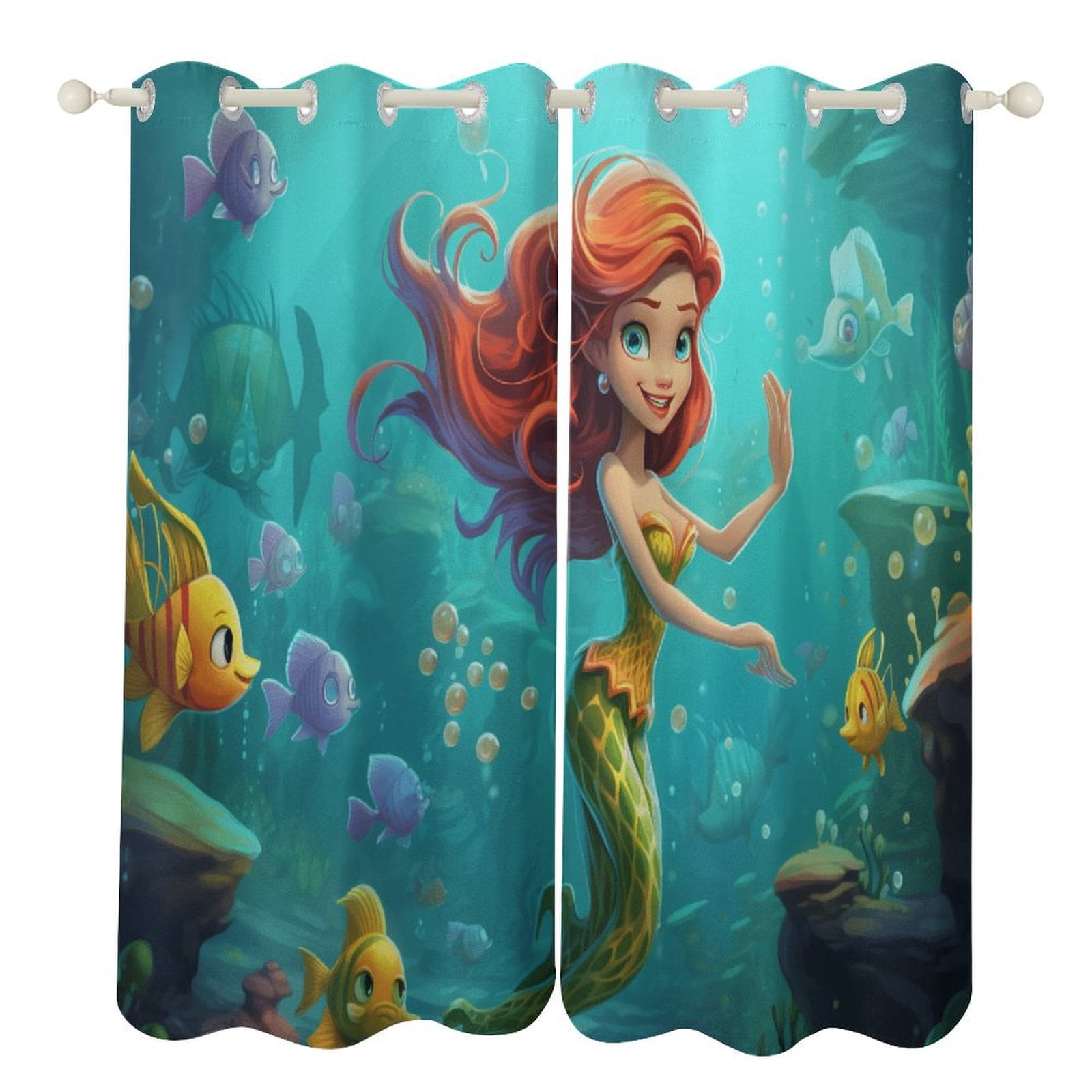 Mermaid Colorful Ocean World 2 Panel Curtain Set, Watercolor Painting ...