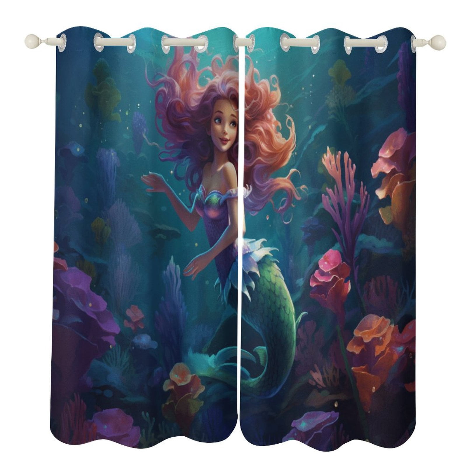 Mermaid Colorful Ocean World Curtains Watercolor Theme Window Curtains ...