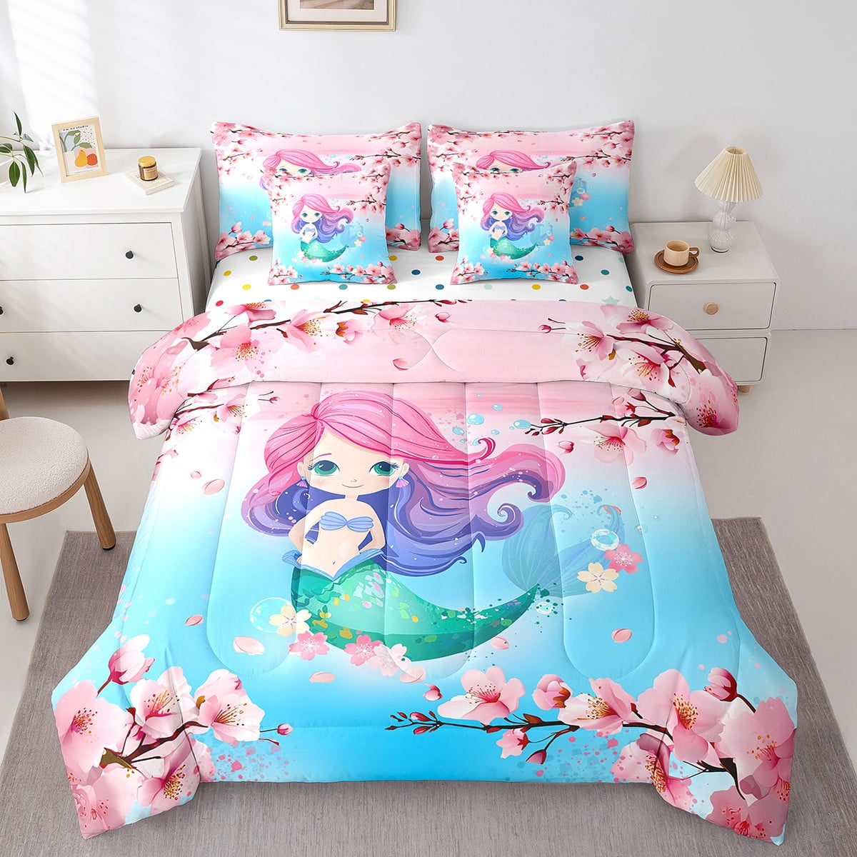 Mermaid Comforter Set 7 Piece Bed in a Bag Twin,Nautical Sea Animal ...