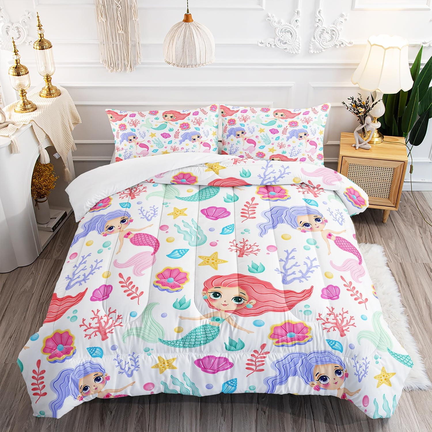 Mermaid Comforter Set Full Size Fairy Tale Sea Shell Grass Bedding Set ...