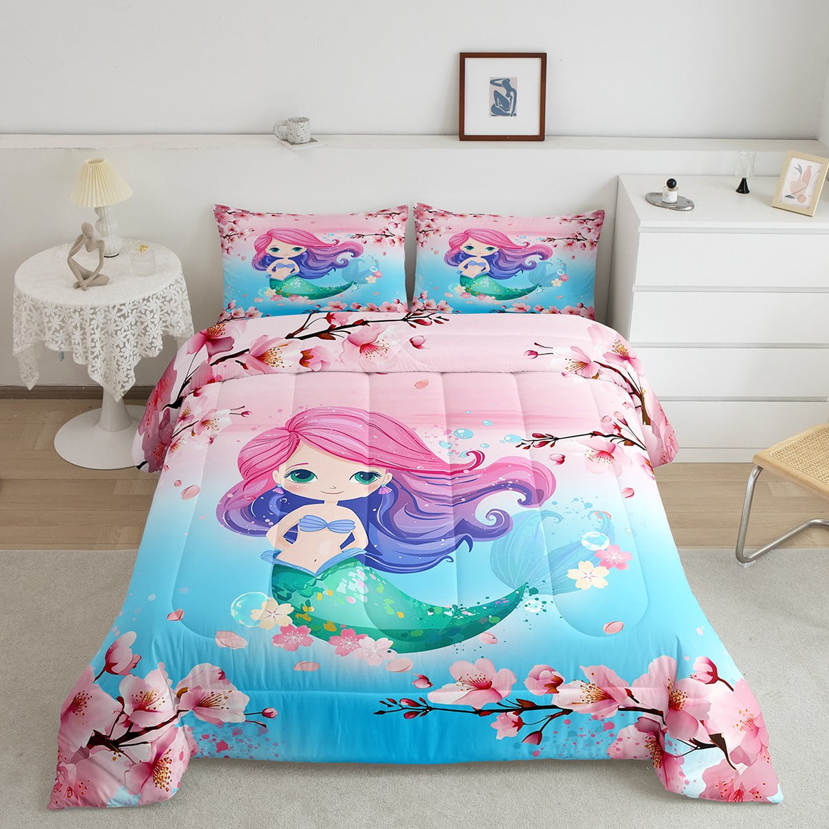 Mermaid Comforter Set Nautical Sea Animal Queen Bedding Sets,Cherry ...