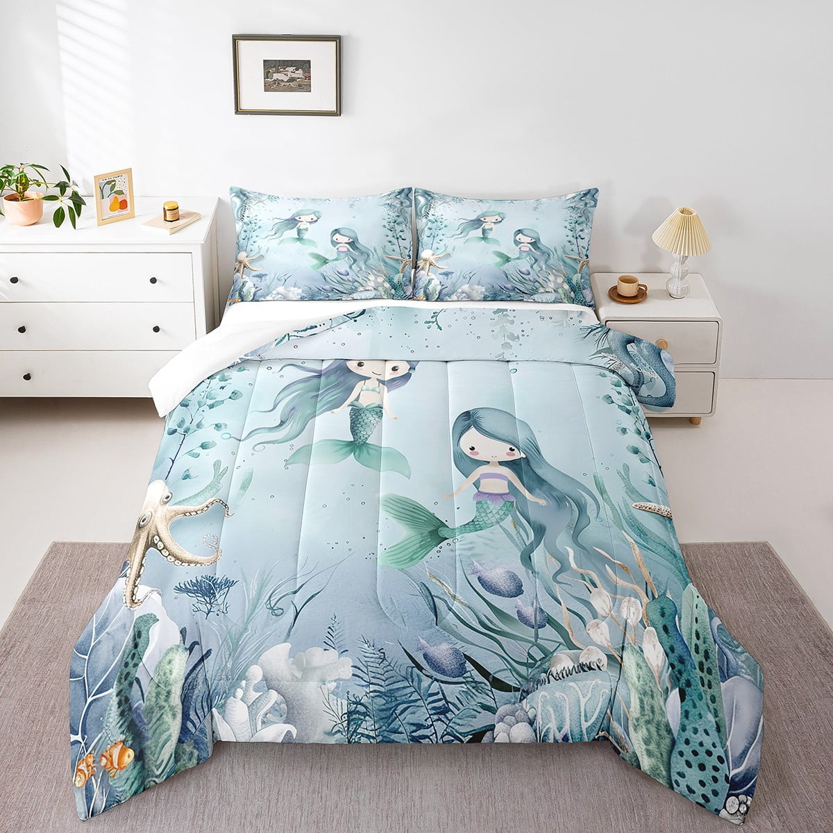 Mermaid Comforter Set Teal Blue Ocean Beach Coastal Twin Bedding ...