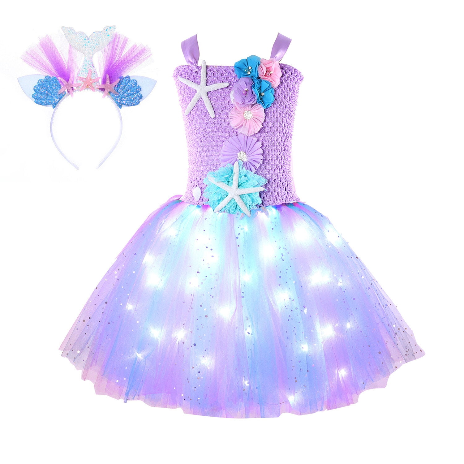 Mermaid Costume for Girls Colored LED Light Up Little Mermaid Princess ...