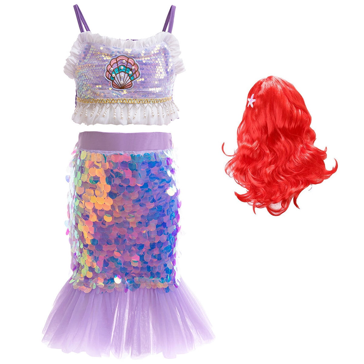 Mermaid Costume with Wig for Girls Halloween Two-Piece Princess Ariel ...
