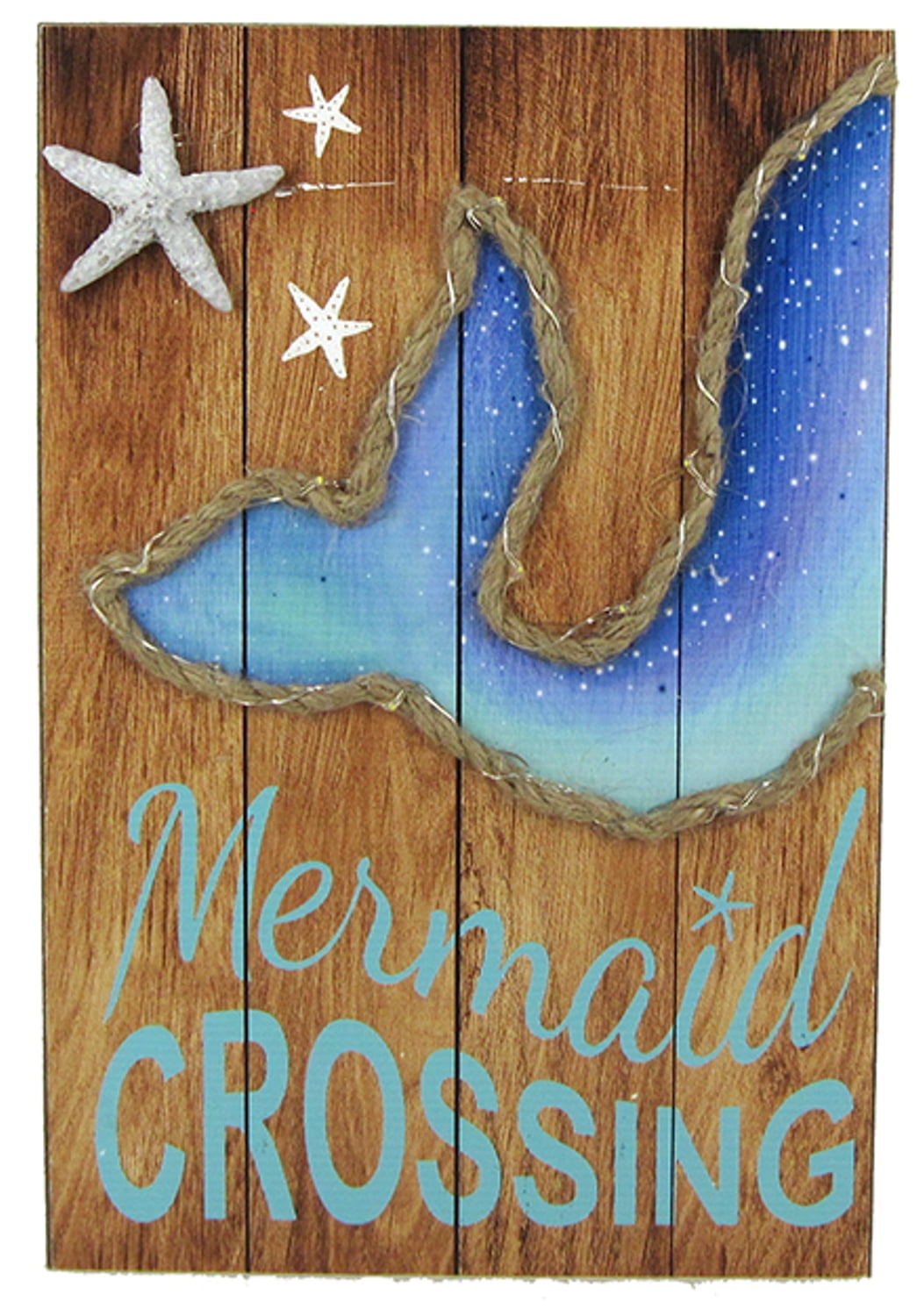 Mermaid Crossing with Starfish Wood Plaque Lights Up 11.75 Inches ...